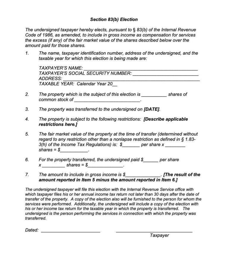 Complete Breakdown of an 83(b) Election Form Example - Corpora